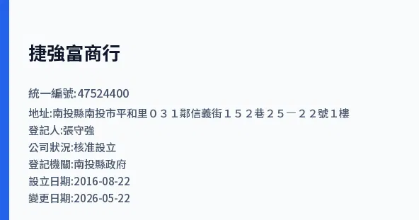 捷強富商行的照片-統編 47524400(南投縣) 公司登記資料與營業項目詳細圖表