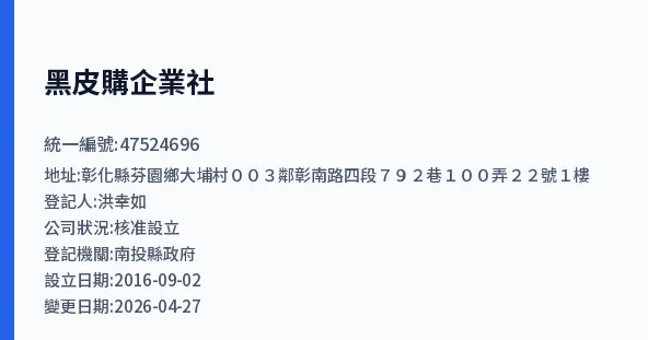 黑皮購企業社的照片-統編 47524696(彰化縣) 公司登記資料與營業項目詳細圖表