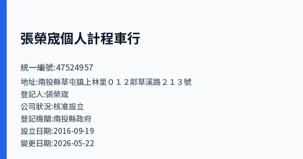 張榮宬個人計程車行的照片-統編 47524957(南投縣) 公司登記資料與營業項目詳細圖表