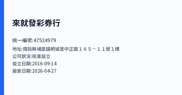 來就發彩券行的照片-統編 47524979(南投縣) 公司登記資料與營業項目詳細圖表