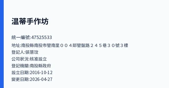 温蒂手作坊的照片-統編 47525533(南投縣) 公司登記資料與營業項目詳細圖表