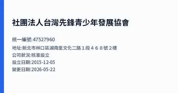 社團法人台灣先鋒青少年發展協會的照片-統編 47527960(新北市) 公司登記資料與營業項目詳細圖表