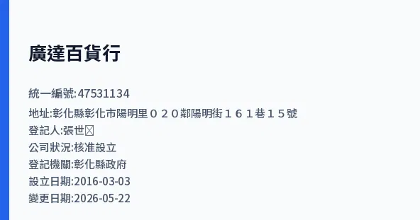 廣達百貨行的照片-統編 47531134(彰化縣) 公司登記資料與營業項目詳細圖表