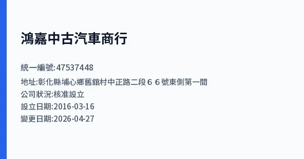 鴻嘉中古汽車商行的照片-統編 47537448(彰化縣) 公司登記資料與營業項目詳細圖表