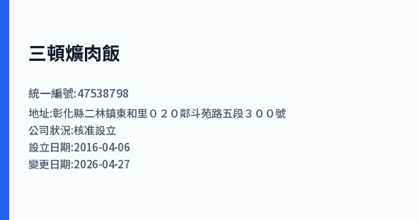 三頓爌肉飯的照片-統編 47538798(彰化縣) 公司登記資料與營業項目詳細圖表