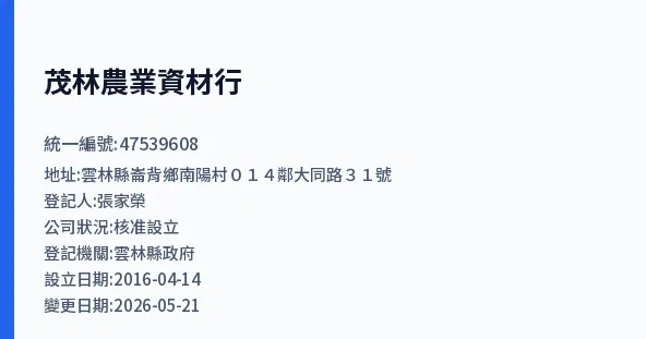 茂林農業資材行的照片-統編 47539608(雲林縣) 公司登記資料與營業項目詳細圖表