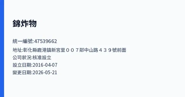 錦炸物的照片-統編 47539662(彰化縣) 公司登記資料與營業項目詳細圖表