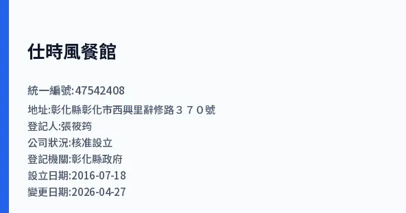 仕時風餐館的照片-統編 47542408(彰化縣) 公司登記資料與營業項目詳細圖表