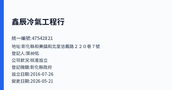 鑫辰冷氣工程行的照片-統編 47542821(彰化縣) 公司登記資料與營業項目詳細圖表