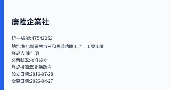 廣陞企業社的照片-統編 47543053(彰化縣) 公司登記資料與營業項目詳細圖表