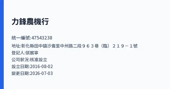 力鋒農機行的照片-統編 47543238(彰化縣) 公司登記資料與營業項目詳細圖表