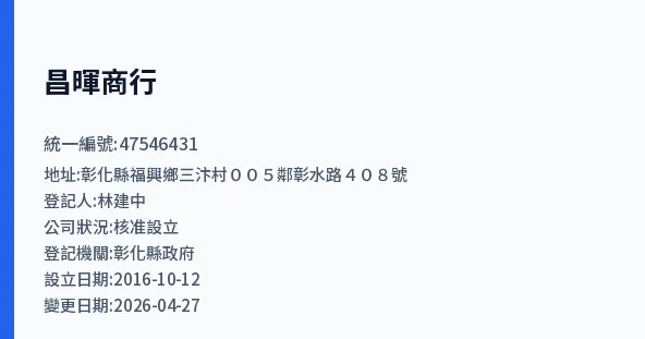 昌暉商行的照片-統編 47546431(彰化縣) 公司登記資料與營業項目詳細圖表