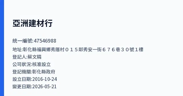 亞洲建材行的照片-統編 47546988(彰化縣) 公司登記資料與營業項目詳細圖表