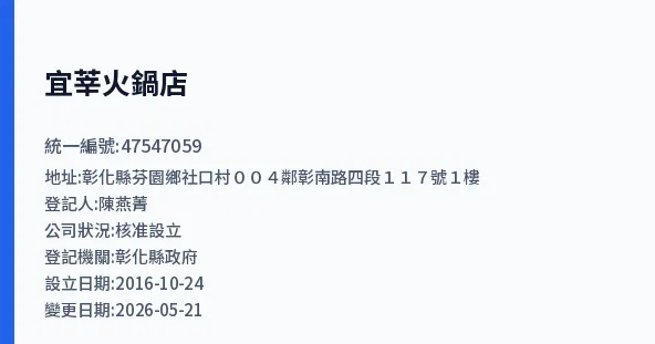 宜莘火鍋店的照片-統編 47547059(彰化縣) 公司登記資料與營業項目詳細圖表
