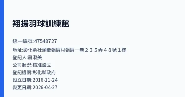 翔揚羽球訓練館的照片-統編 47548727(彰化縣) 公司登記資料與營業項目詳細圖表