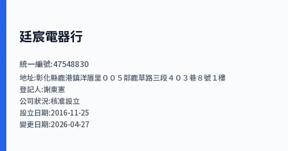 廷宸電器行的照片-統編 47548830(彰化縣) 公司登記資料與營業項目詳細圖表