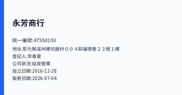 永芳商行的照片-統編 47550103(彰化縣) 公司登記資料與營業項目詳細圖表