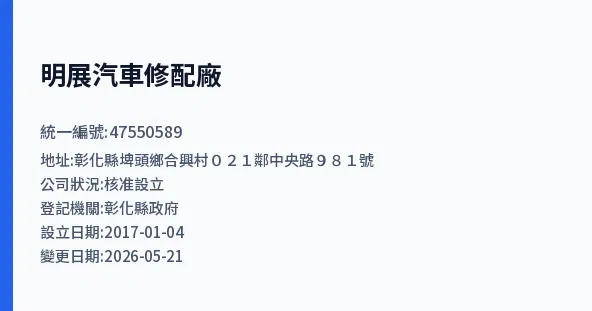 明展汽車修配廠的照片-統編 47550589(彰化縣) 公司登記資料與營業項目詳細圖表