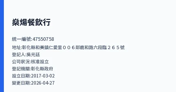 燊煬餐飲行的照片-統編 47550758(彰化縣) 公司登記資料與營業項目詳細圖表