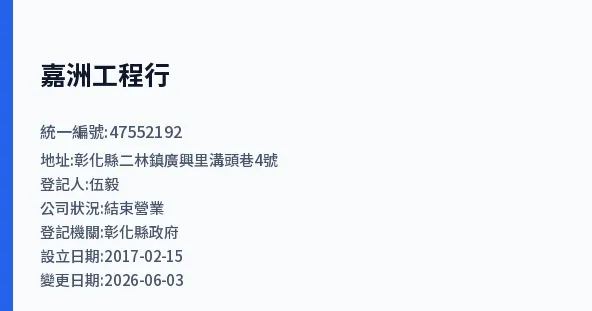 嘉洲工程行的照片-統編 47552192(彰化縣) 公司登記資料與營業項目詳細圖表