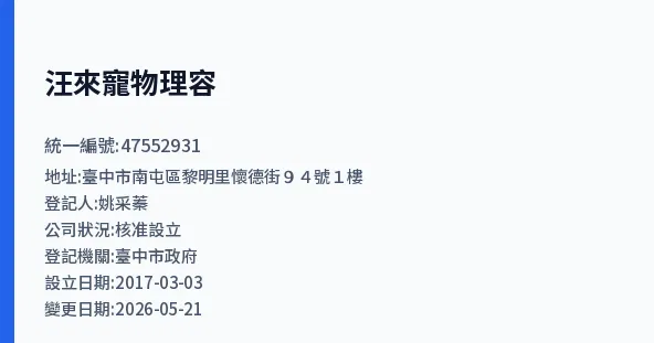 汪來寵物理容的照片-統編 47552931(臺中市) 公司登記資料與營業項目詳細圖表