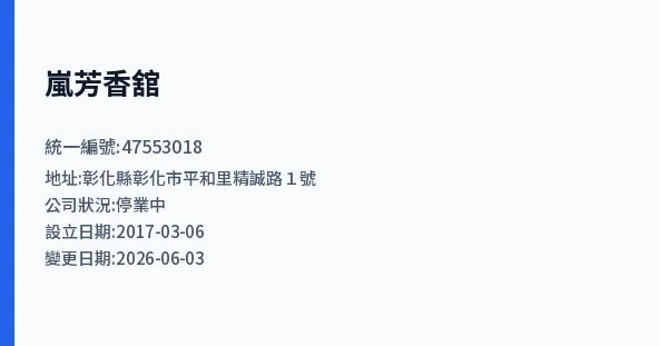 嵐芳香舘的照片-統編 47553018(彰化縣) 公司登記資料與營業項目詳細圖表