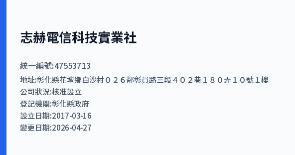 志赫電信科技實業社的照片-統編 47553713(彰化縣) 公司登記資料與營業項目詳細圖表
