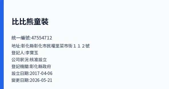比比熊童裝的照片-統編 47554712(彰化縣) 公司登記資料與營業項目詳細圖表