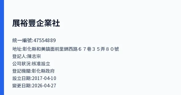 展裕豐企業社的照片-統編 47554889(彰化縣) 公司登記資料與營業項目詳細圖表