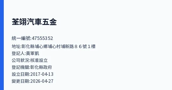 荃翊汽車五金的照片-統編 47555352(彰化縣) 公司登記資料與營業項目詳細圖表