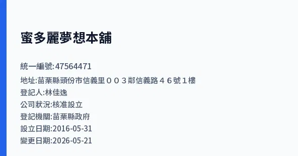蜜多麗夢想本舖的照片-統編 47564471(苗栗縣) 公司登記資料與營業項目詳細圖表