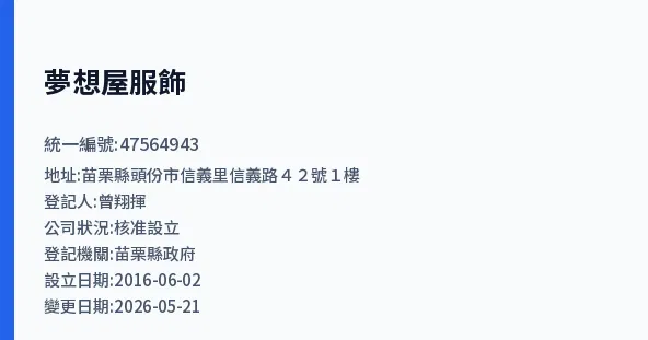 夢想屋服飾的照片-統編 47564943(苗栗縣) 公司登記資料與營業項目詳細圖表