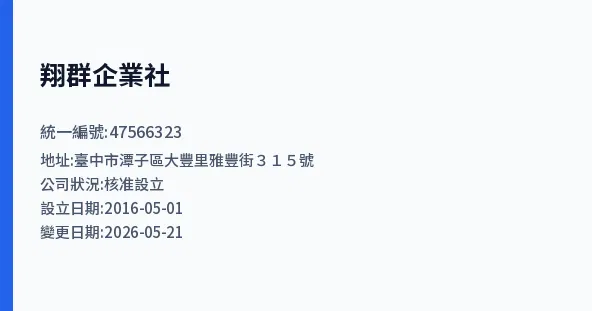 翔群企業社的照片-統編 47566323(臺中市) 公司登記資料與營業項目詳細圖表