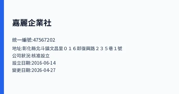 嘉麗企業社的照片-統編 47567202(彰化縣) 公司登記資料與營業項目詳細圖表