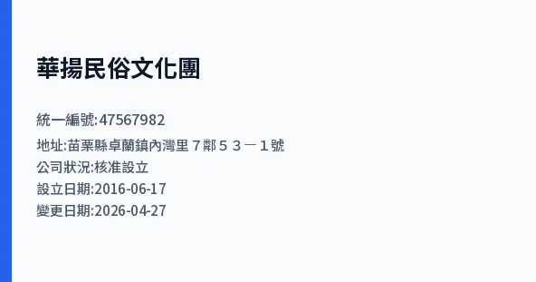 華揚民俗文化團的照片-統編 47567982(苗栗縣) 公司登記資料與營業項目詳細圖表