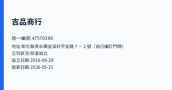 吉品商行的照片-統編 47570380(彰化縣) 公司登記資料與營業項目詳細圖表