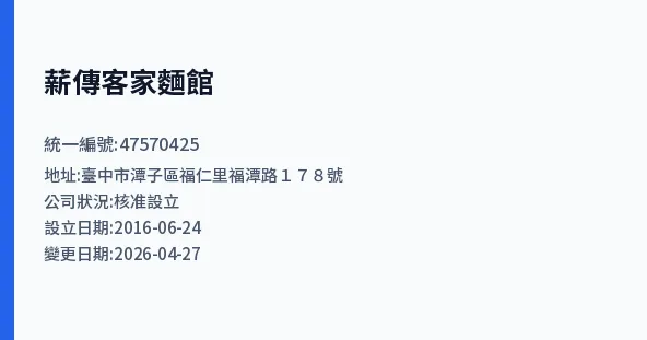 薪傳客家麵館的照片-統編 47570425(臺中市) 公司登記資料與營業項目詳細圖表