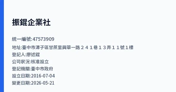 振錕企業社的照片-統編 47573909(臺中市) 公司登記資料與營業項目詳細圖表