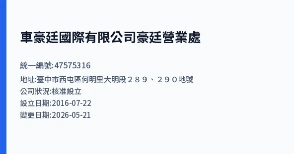 車豪廷國際有限公司豪廷營業處的照片-統編 47575316(臺中市) 公司登記資料與營業項目詳細圖表