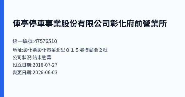 俥亭停車事業股份有限公司彰化府前營業所的照片-統編 47576510(彰化縣) 公司登記資料與營業項目詳細圖表