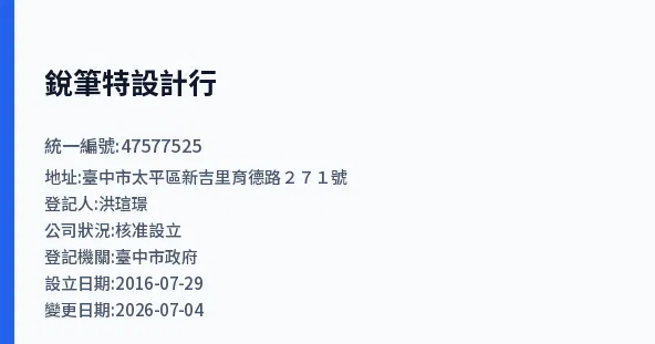 銳筆特設計行的照片-統編 47577525(臺中市) 公司登記資料與營業項目詳細圖表