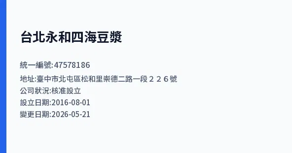 台北永和四海豆漿的照片-統編 47578186(臺中市) 公司登記資料與營業項目詳細圖表