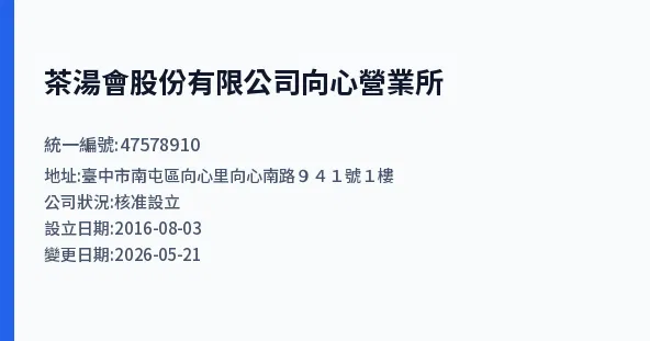 茶湯會股份有限公司向心營業所的照片-統編 47578910(臺中市) 公司登記資料與營業項目詳細圖表