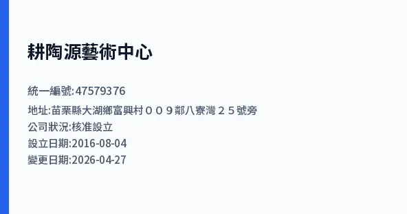 耕陶源藝術中心的照片-統編 47579376(苗栗縣) 公司登記資料與營業項目詳細圖表