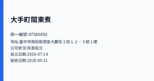 大手町關東煮的照片-統編 47580492(臺中市) 公司登記資料與營業項目詳細圖表
