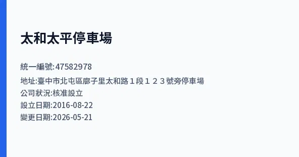 太和太平停車場的照片-統編 47582978(臺中市) 公司登記資料與營業項目詳細圖表