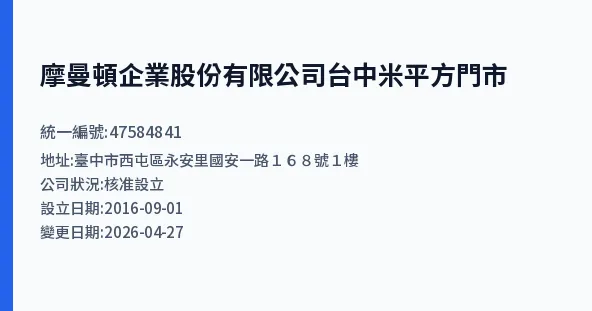 摩曼頓企業股份有限公司台中米平方門市的照片-統編 47584841(臺中市) 公司登記資料與營業項目詳細圖表