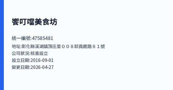 饗叮噹美食坊的照片-統編 47585481(彰化縣) 公司登記資料與營業項目詳細圖表