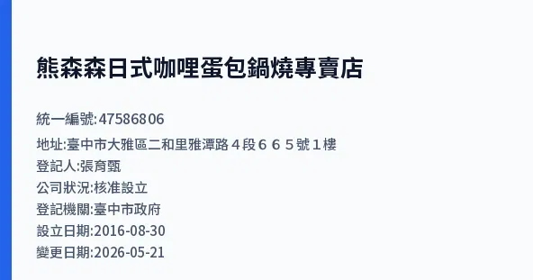 熊森森日式咖哩蛋包鍋燒專賣店的照片-統編 47586806(臺中市) 公司登記資料與營業項目詳細圖表