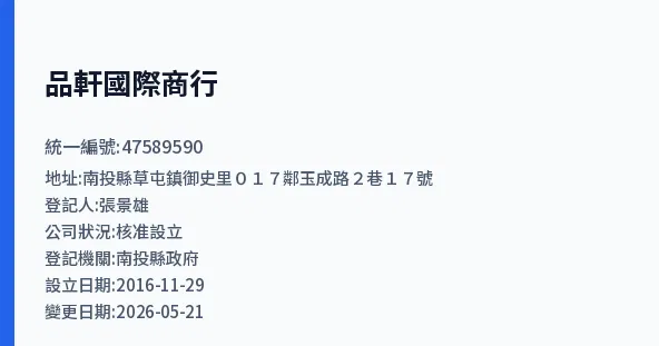 品軒國際商行的照片-統編 47589590(南投縣) 公司登記資料與營業項目詳細圖表